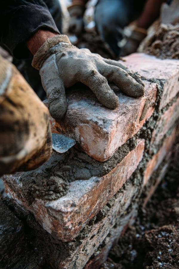 First-Person View of Bricklaying with Trowel and Gloves in Construction Stock Photo - Image of ...