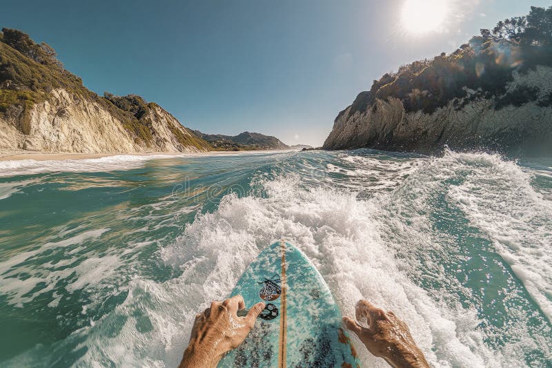 A First-person Perspective of a Surfer Riding the Waves on a Turquoise ...