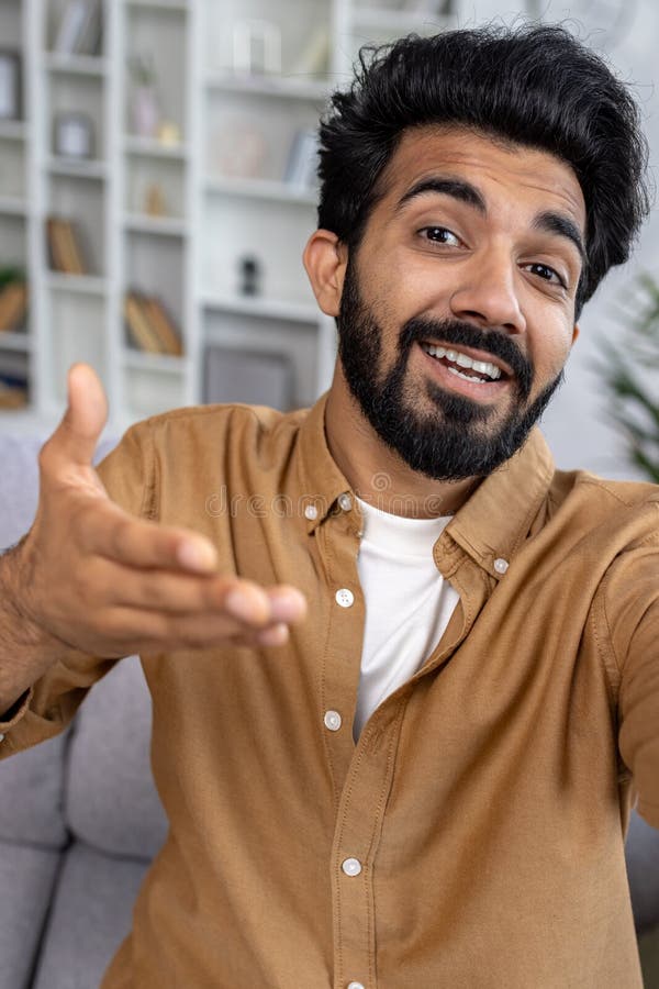 First Person View of Arab Bearded Man Gesturing with Hand while Looking ...