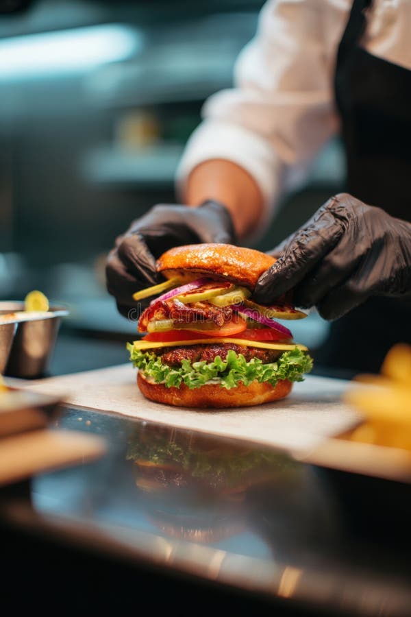First-person View of Assembling a Gourmet Burger in a Modern Restaurant ...