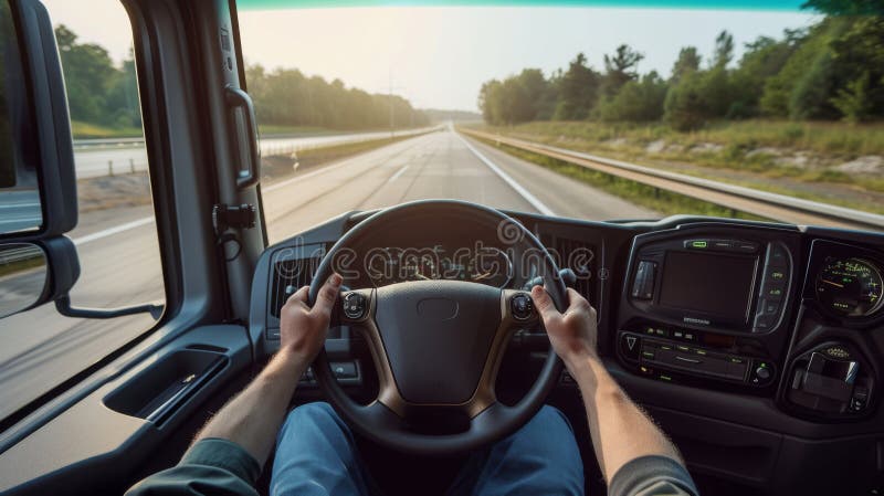 First-person View of a Driver S Hands on a Steering Wheel. AI Generated ...