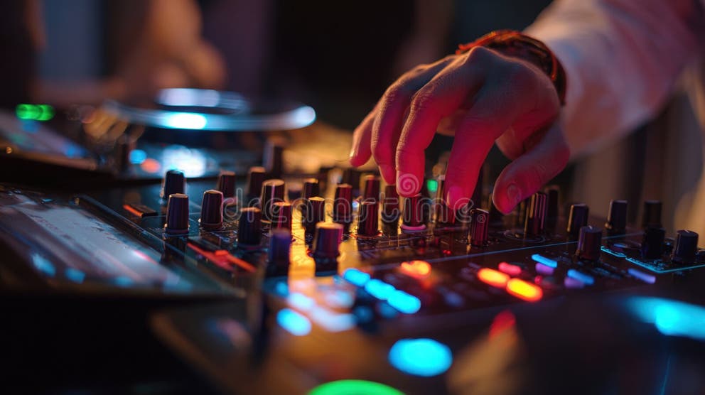 First-person View of Hands Adjusting DJ Controller Knobs with Vibrant ...