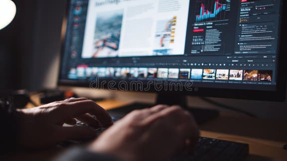 First-person View of Hands Typing Headline on Digital Editor with ...