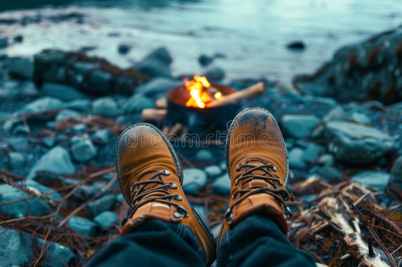 First-person View of a Hiker in Boots Resting in Front of a Campfire ...