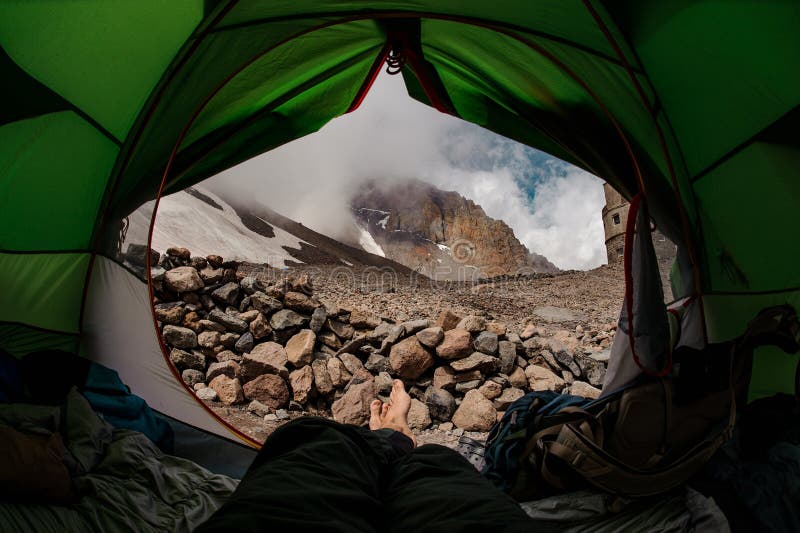 First Person View from Tent at Mountains Stock Photo - Image of planet ...