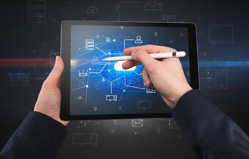 First Person View of Tablet with Cloud Office Concept Stock Image ...