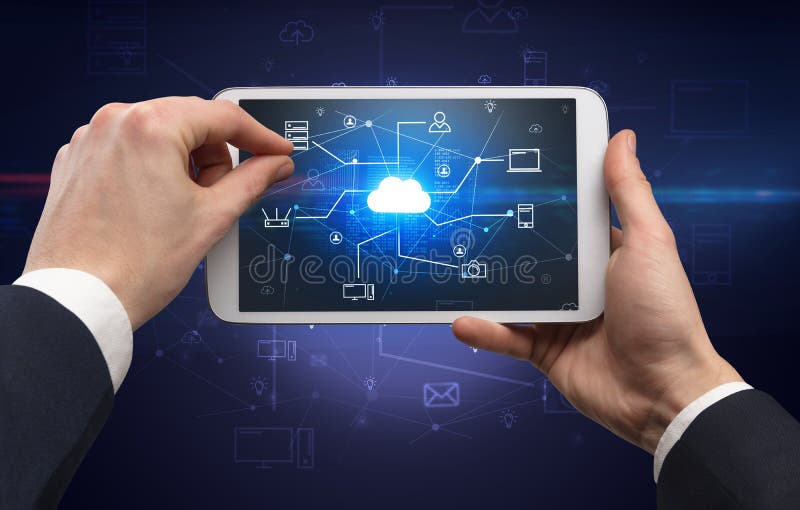 First Person View of Tablet with Cloud Office Concept Stock Image ...
