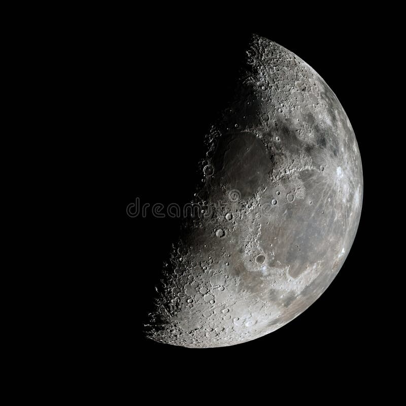 First Quarter of the Moon. Phases of the Moon Stock Photo - Image of ...