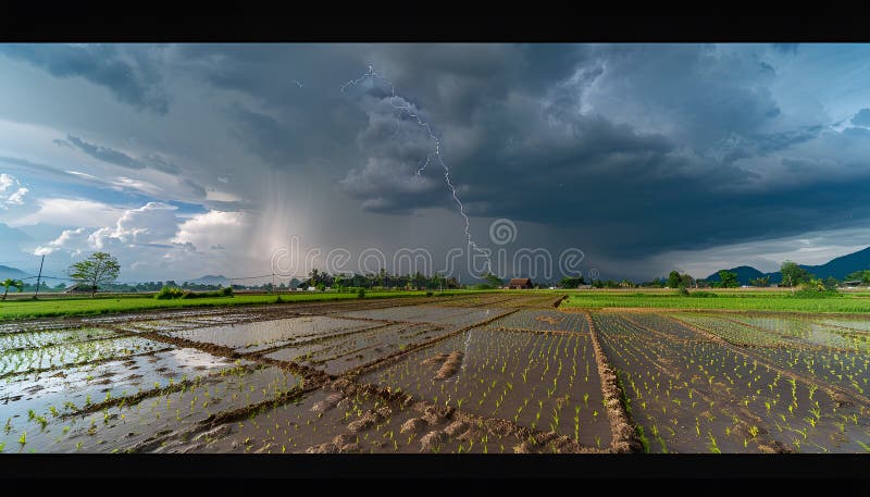 First Rain Falls and Scary Lightning Strikes Over Dry Rice Fields in ...