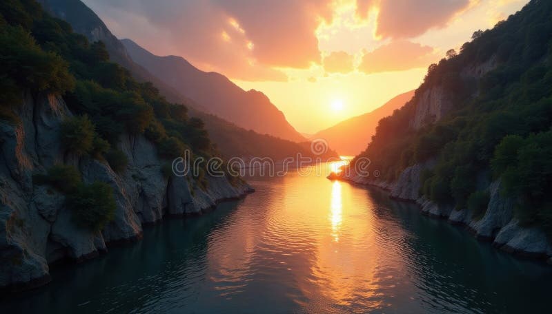 First Rays Illuminate the River, Dramatic Shadows on Cliffs , River ...