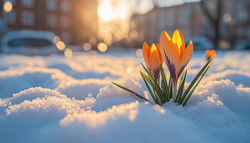First Signs of Spring Crocus Flowers Blooming through Snow, Sunlight ...