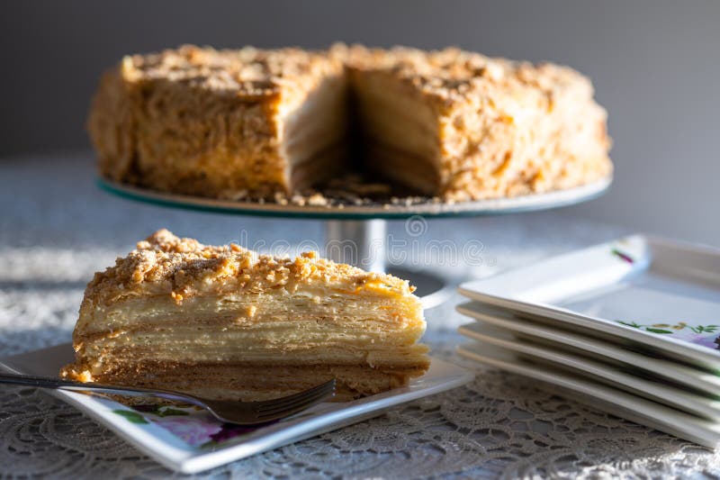 First Slice of Famous Napoleon Cake Served on Square Plate. Triangle ...