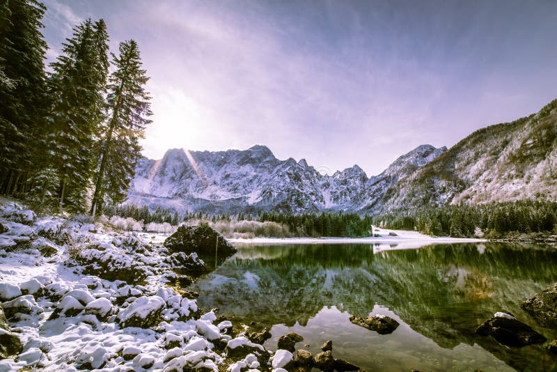 First Snow at the Mountain Lake Stock Image - Image of nature ...