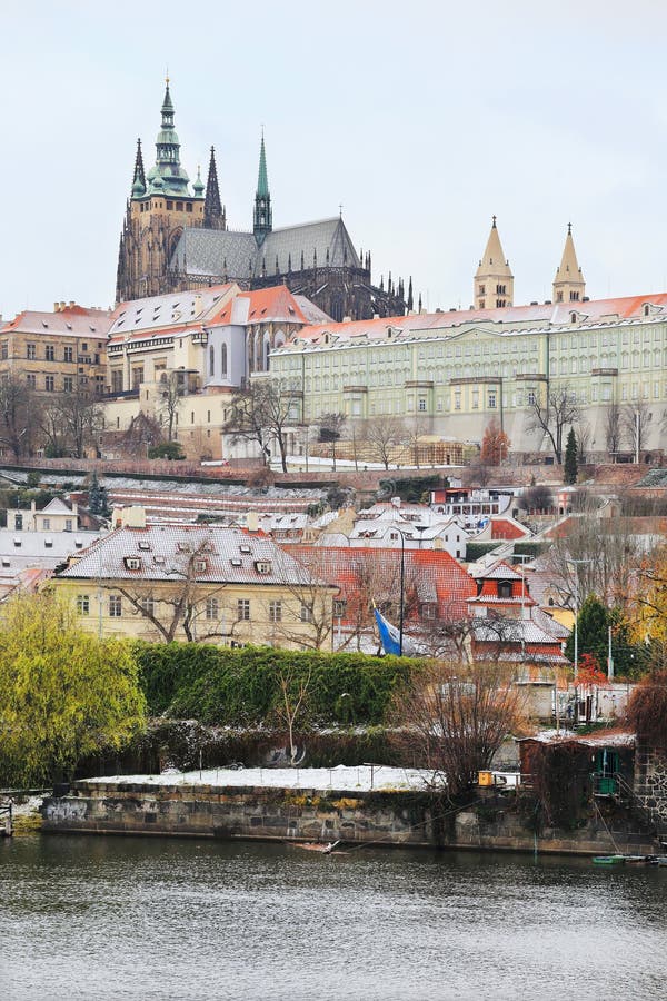 First Snow in Prague City, Gothic Castle Above the River Vltava Stock ...