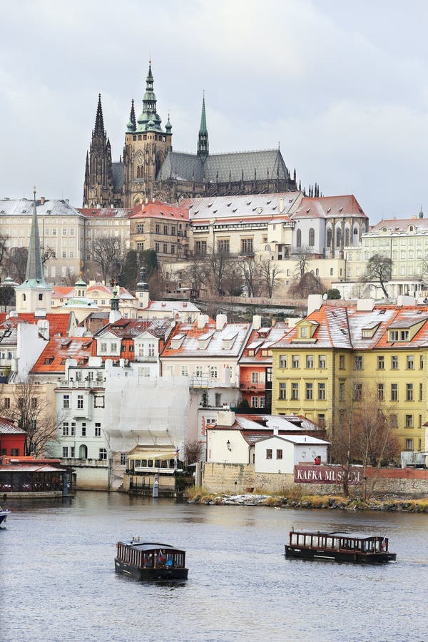 First Snow in Prague City, Gothic Castle Above the River Vltava Stock ...