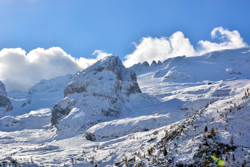 The First Snowfall Whitens the Italian Dolomites Stock Photo - Image of ...