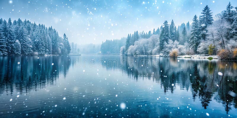 The First Snowflakes Gently Falling on the Calm Lake Waters AI ...
