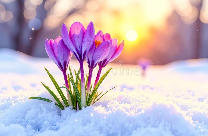The First Spring Crocuses Break through the Winter Snow. Transition ...