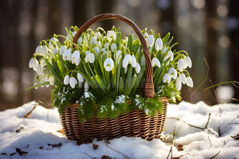 The First Spring Flowers Snow White in a Wicker Basket Stock ...