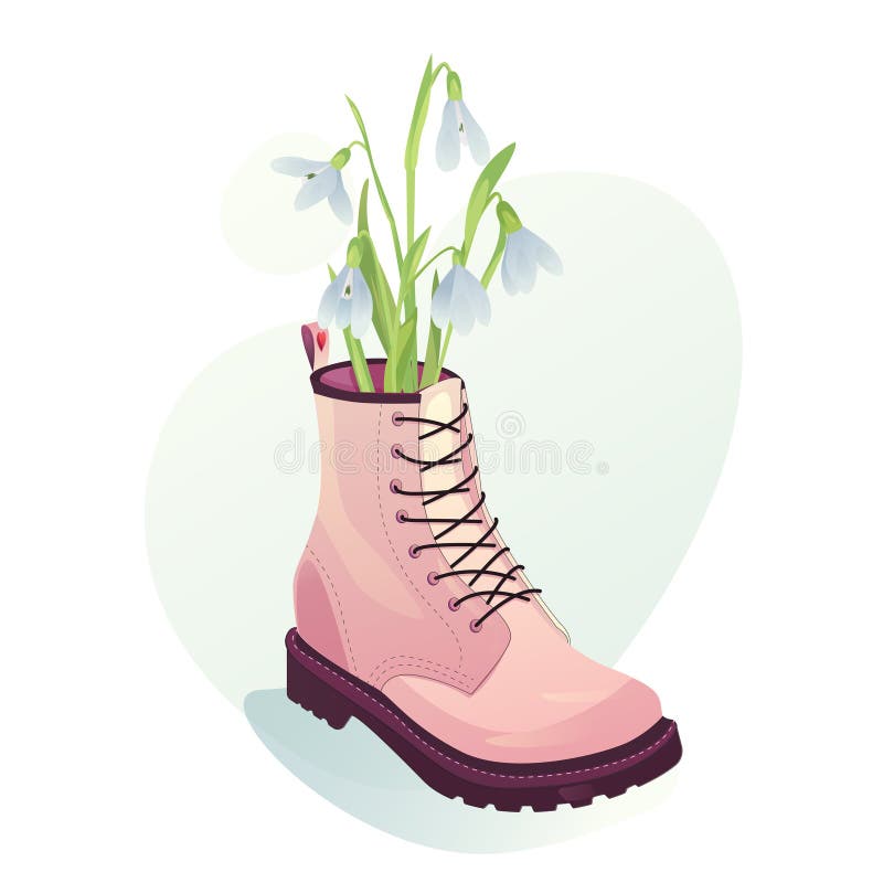 First Spring Flowers. Snowdrops in a Shoe Concept Stock Illustration ...