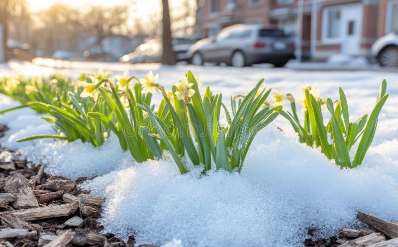 First Sprout Reaching Towards the Sun that Pierces through Melting Snow ...
