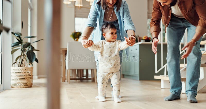 First Steps, Learning or Walking with Family in Home for Child ...