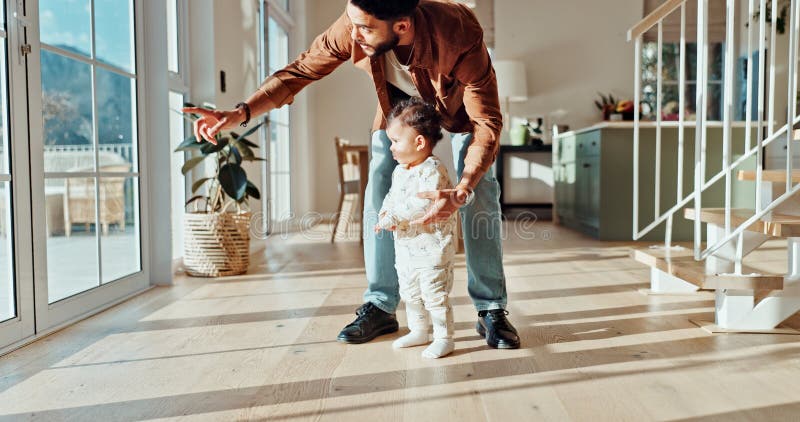 First Steps, Learning or Walking with Father and Toddler in Home for ...