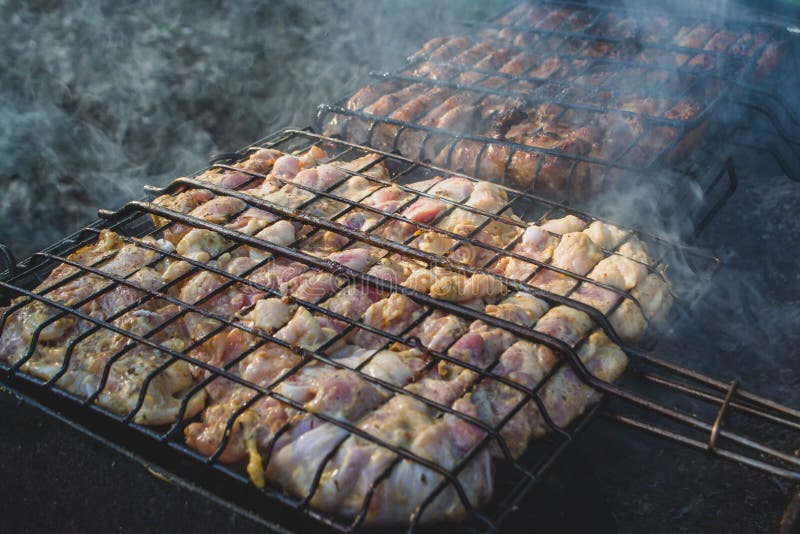 The First Summer Barbecue on the Grill in the Smoke on the Grill Stock ...