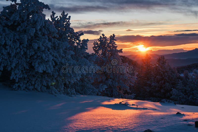 First Sun Rays on a Mountain Sunrise Stock Photo - Image of frost ...