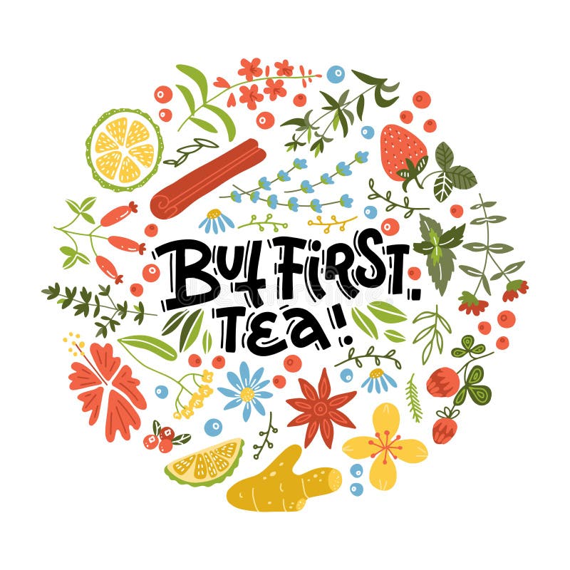 But First Tea. Hand Drawn Floral Pattern Linear Calligraphy Lettering ...