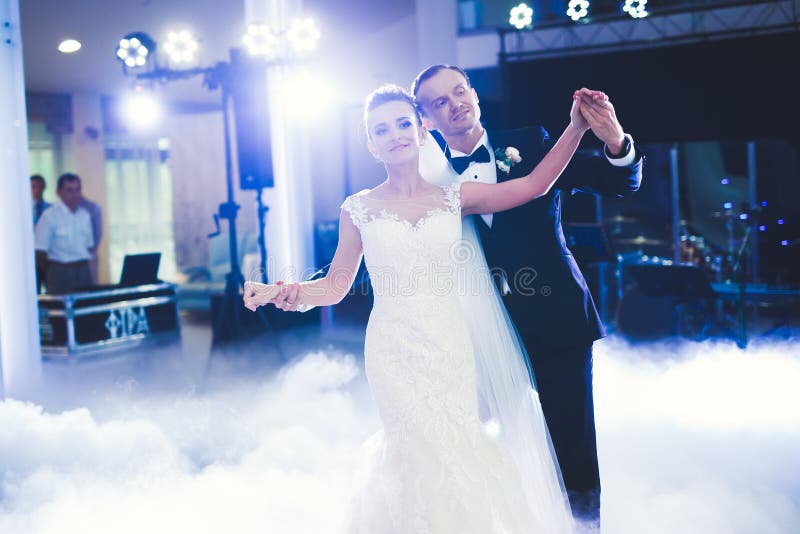 First Wedding Dance of Newlywed Couple in Restaurant Stock Image ...