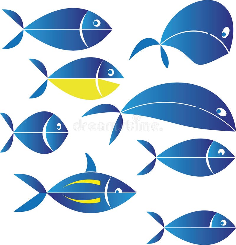Colored Silhouettes of Groups of Sea Fishes. Colony of Small Fish. Icon ...