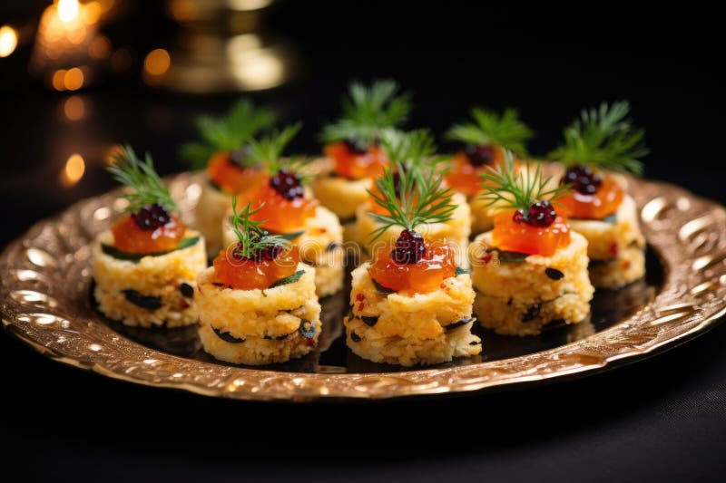 Fish Appetizers with Caviar and Greens on a Golden Dish Stock Image ...