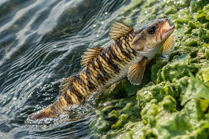Fish Attacking Shoreline Vegetation in Clear Water during Bright ...