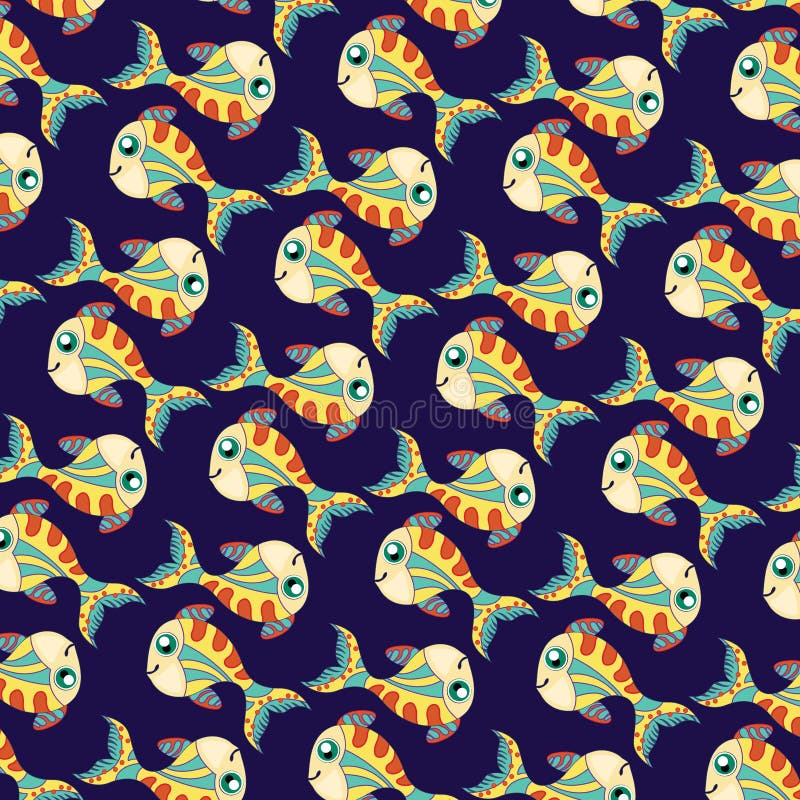 Fish Background Vector. Seamless Cute Colorful Fishes on Dark ...