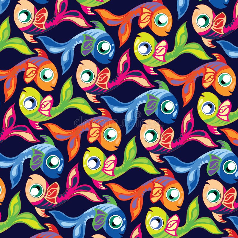 Fish Background Vector. Seamless Cute Colorful Fishes on Dark ...