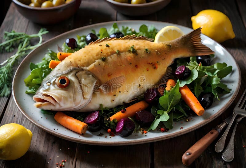 Fish Baked with Beets and Carrots in a Ceramic Form Stock Image - Image ...