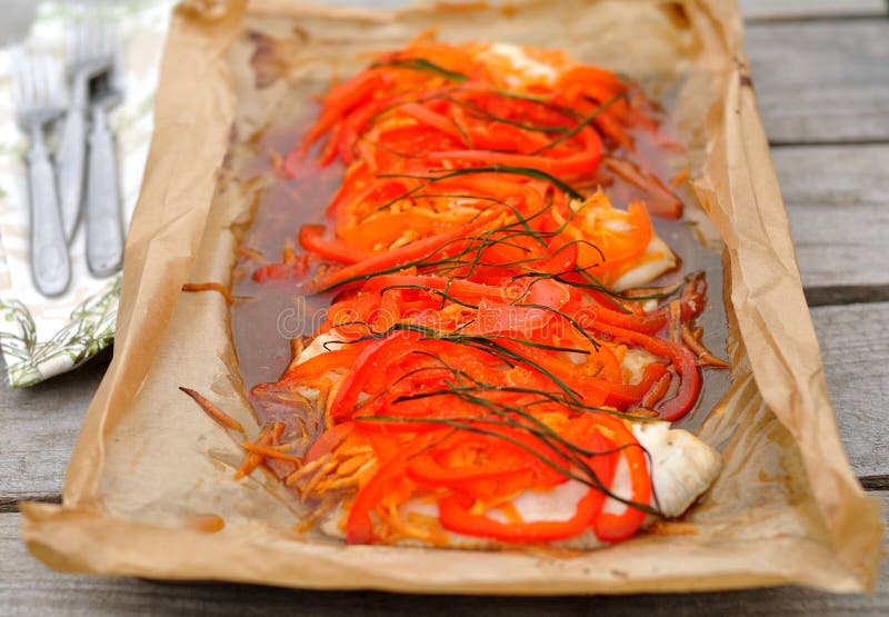Fish Baked with Bell Pepper and Carrot Stock Image - Image of fish ...