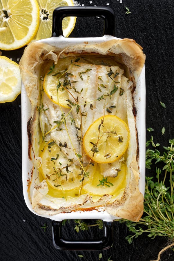 Fish Baked in Lemon Thyme Marinade Stock Image - Image of gourmet ...