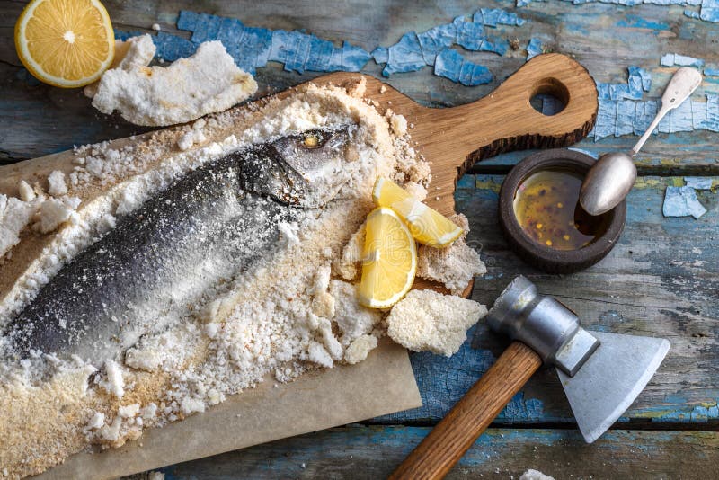 Fish Baked in Salt with Lemon and Oil, Top View Stock Photo - Image of ...