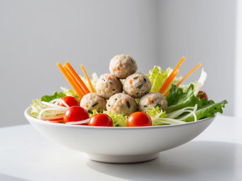 Fish Balls with Vegetables Arranged on a White Dish. Stock Photo ...