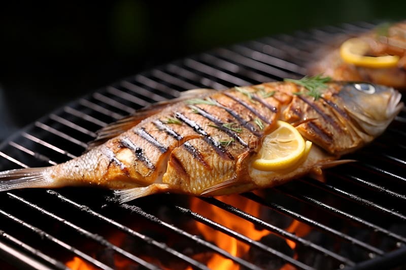 Fish BBQ, Selective Focus, Closeup of Fish Grilled in Charcoal Oven ...