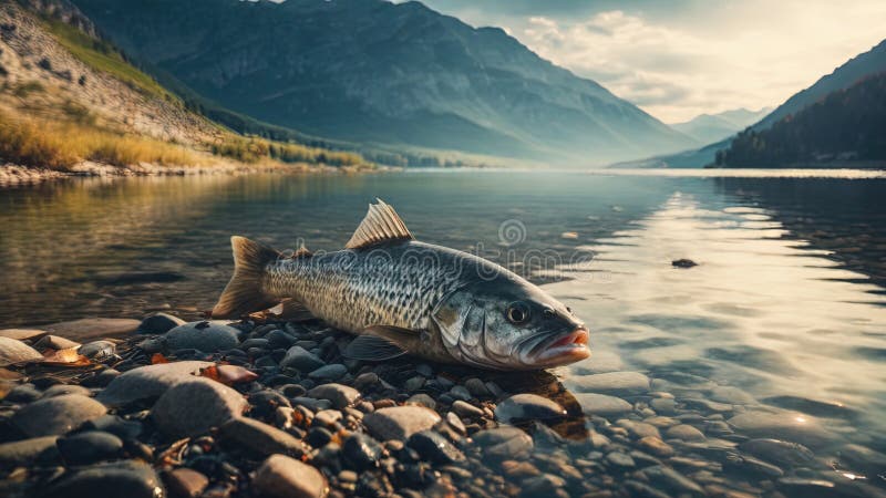 Fish on a Beautiful Mountain Lakeshore Stock Illustration ...