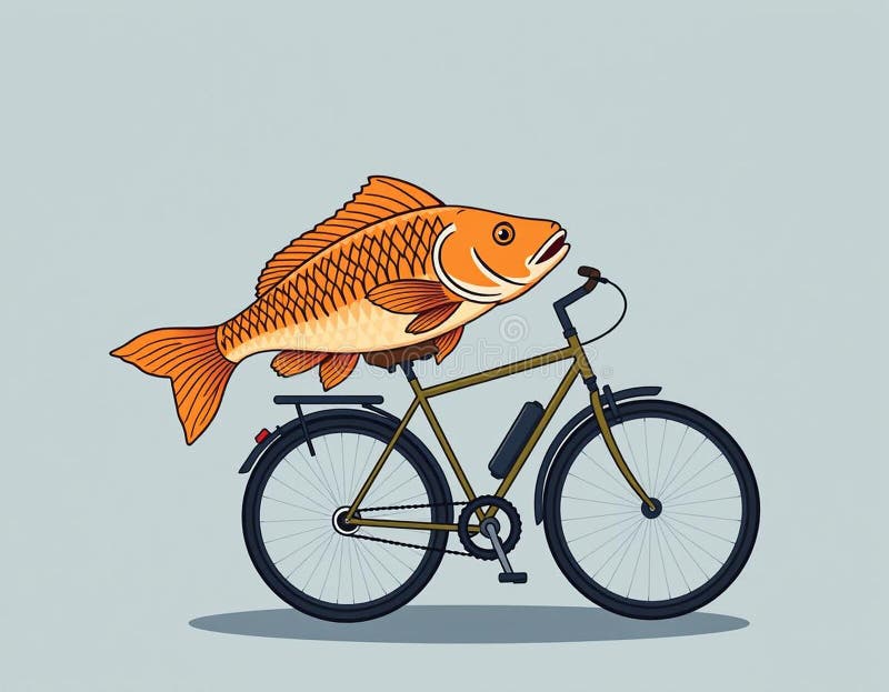Fish on Bike. Carp on Bicycle Cartoon. Flat Design - Generated by Ai ...