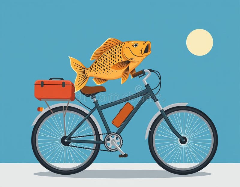 Fish on Bike. Carp on Bicycle Cartoon. Flat Design - Generated by Ai ...