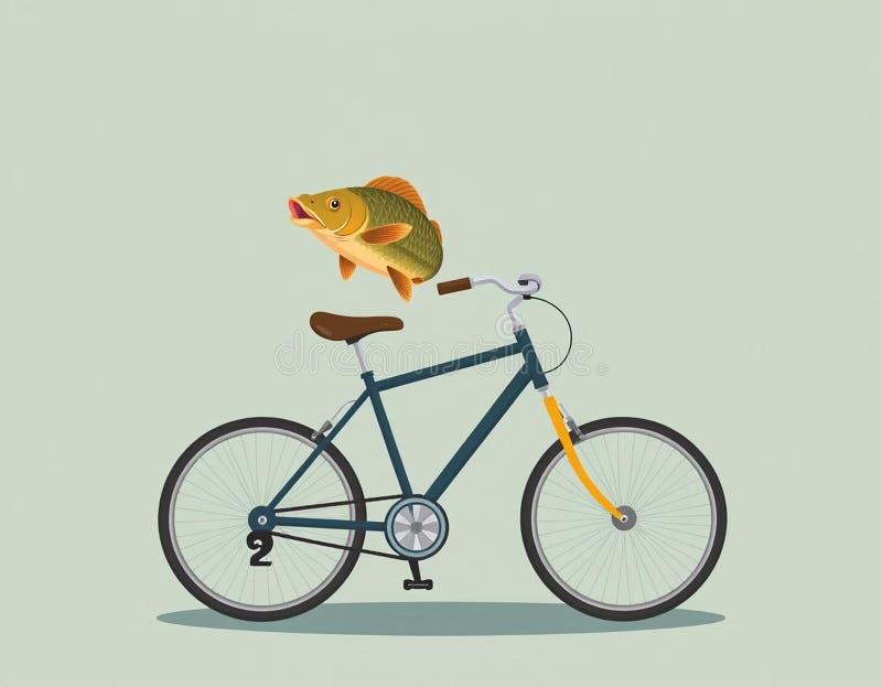Fish on Bike. Carp on Bicycle Cartoon. Flat Design - Generated by Ai ...