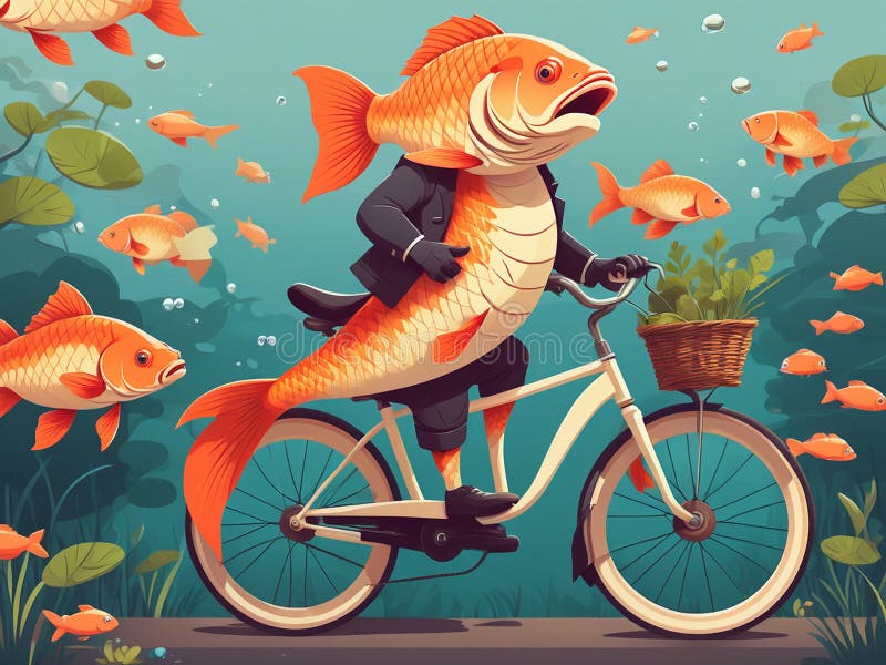 Fish on Bike. Carp on Bicycle Cartoon. Flat Design - Generated by Ai ...