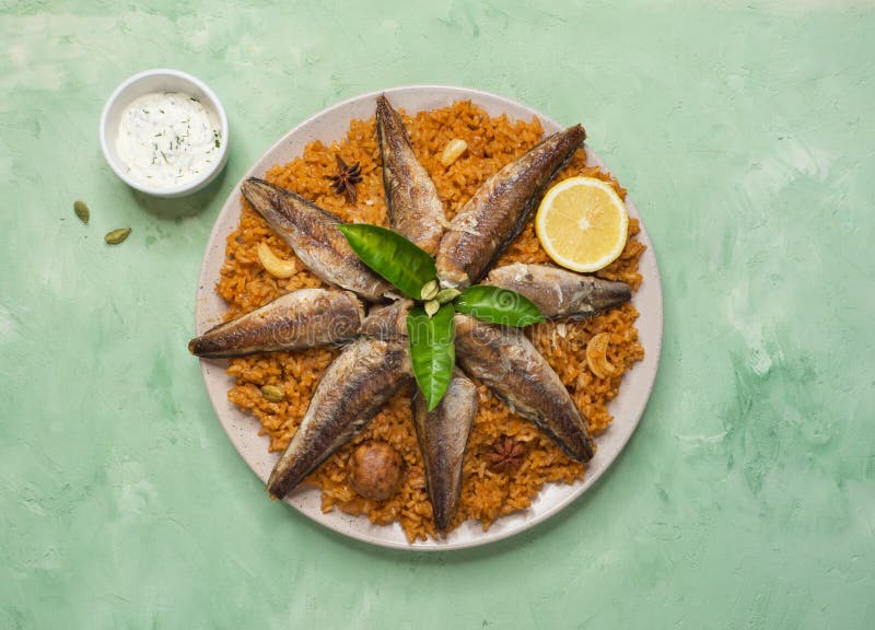 Fish Biryani. Saudi Arabian Fish Kabsa. Top View. Stock Image - Image ...