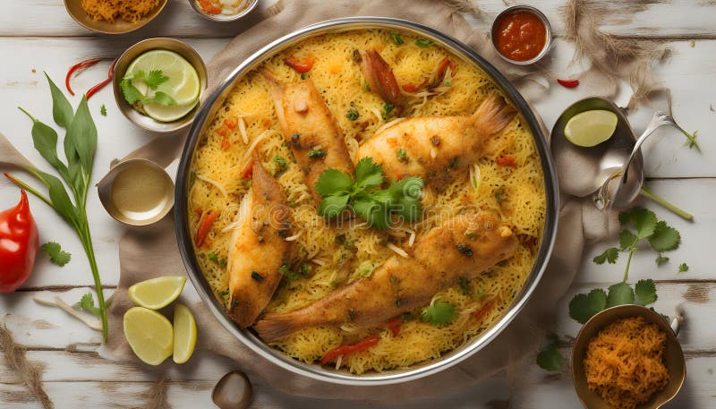 Fish Biryani Top Down View, Isolated on White Stock Illustration ...