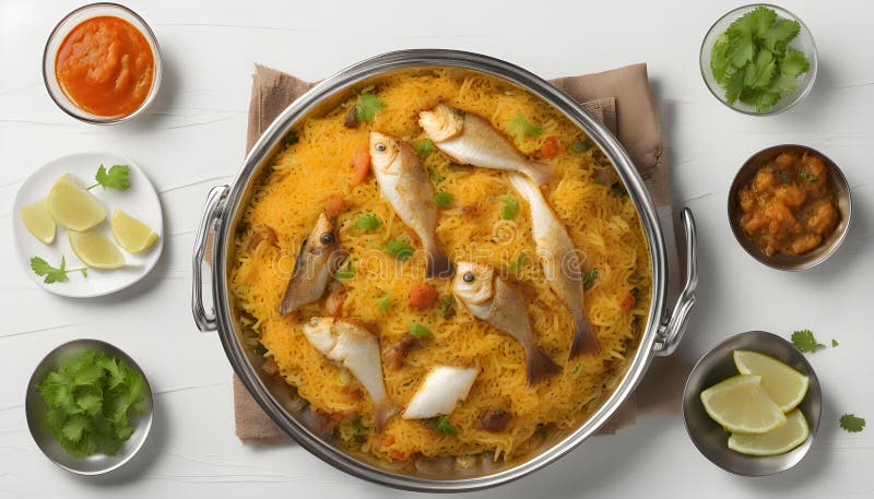 Fish Biryani Top Down View, Isolated on White Stock Illustration ...